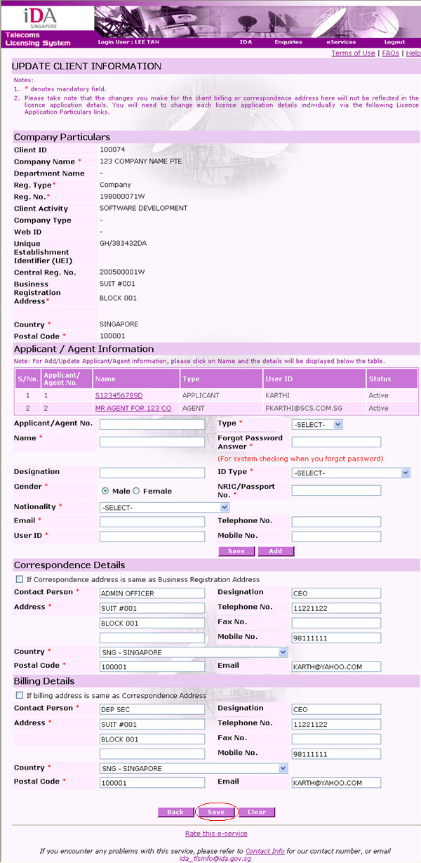 Update the required Client Information details and click the 'Save ...