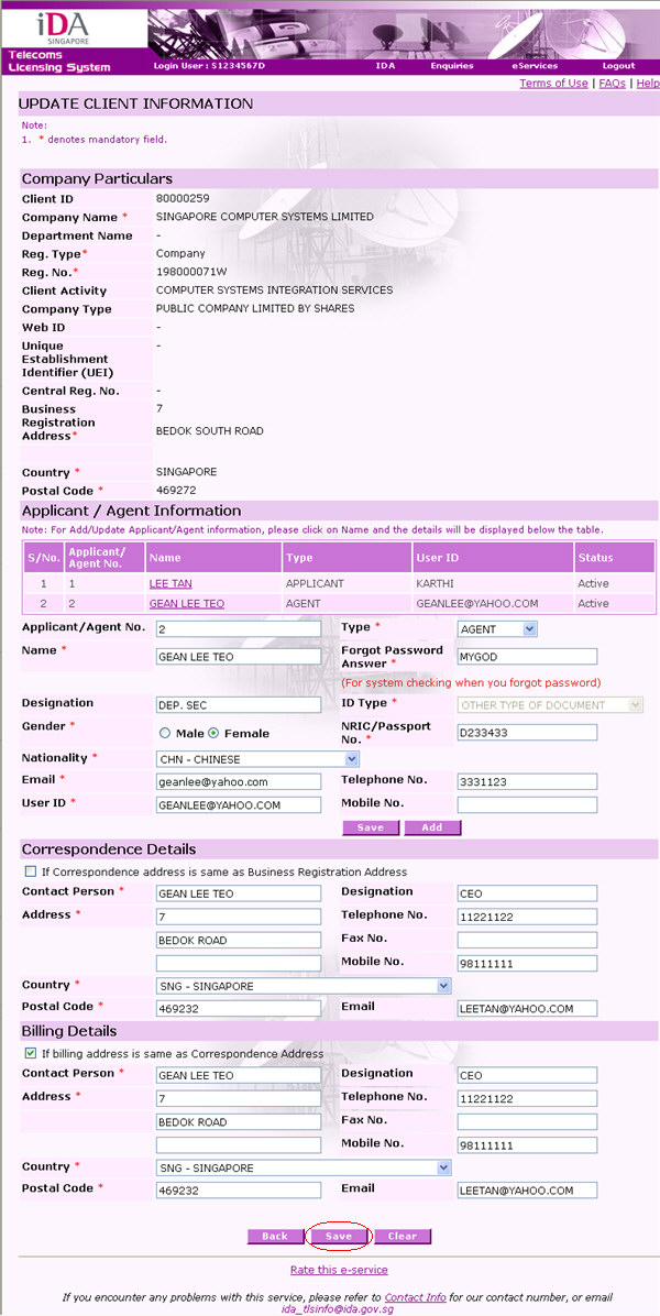 Update the required Client Information details and click the 'Save ...