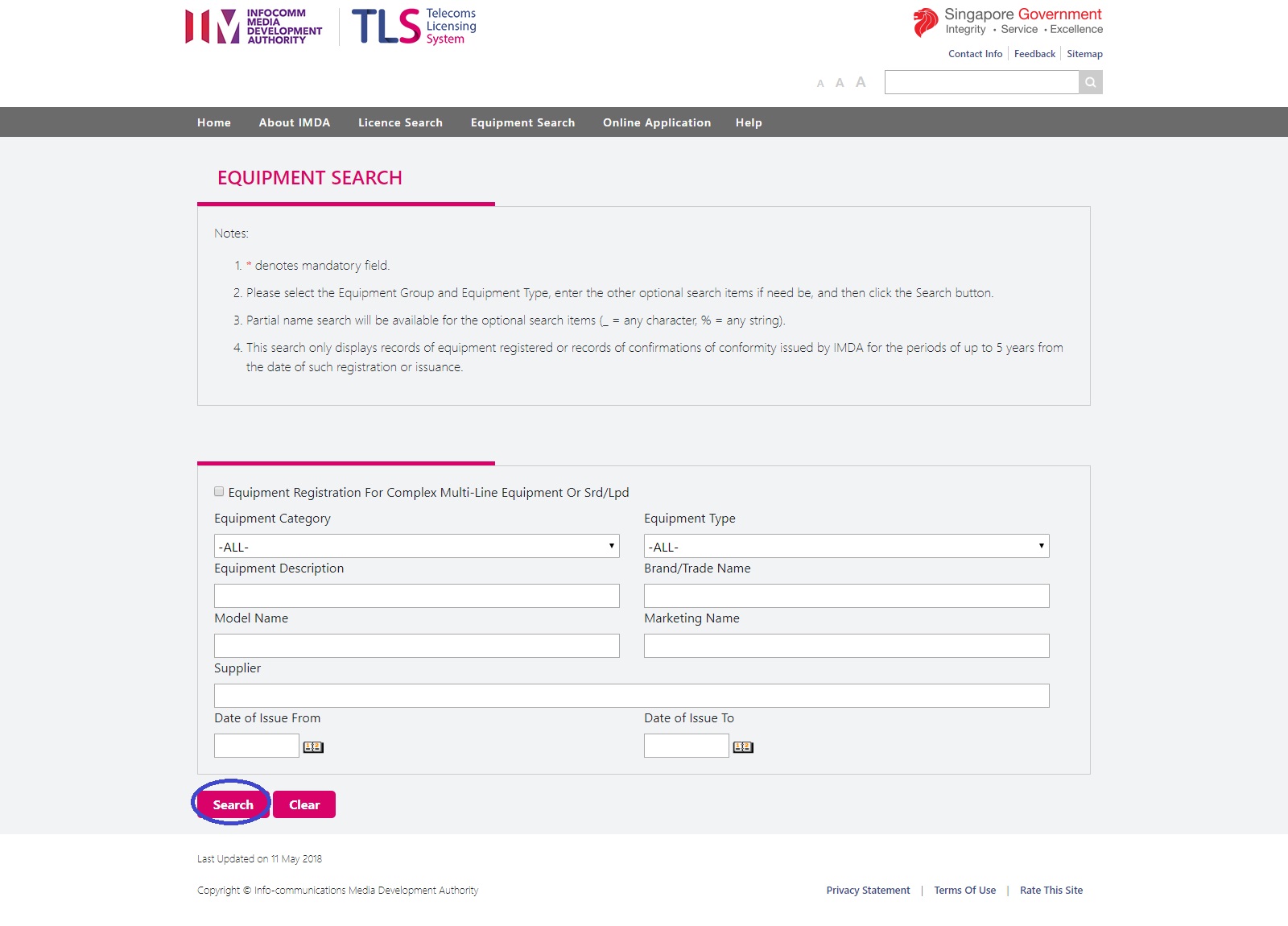 Enter the required search criteria and click the 'Search' button to ...