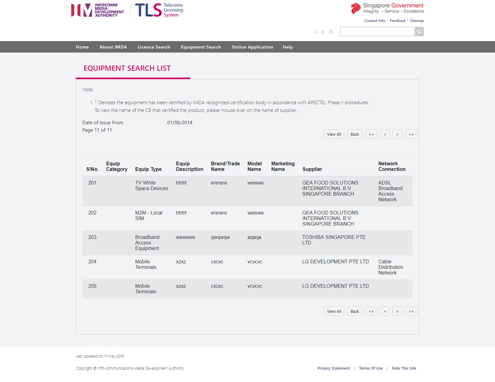 After the Equipment Search List Page is displayed, and if there are ...