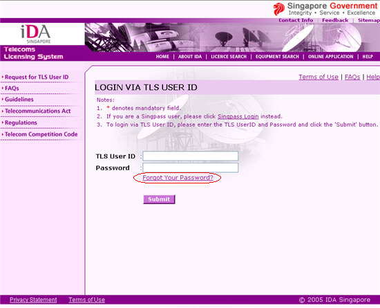 Enter the TLS user ID and Forgot Password Answer and click the 'Submit ...
